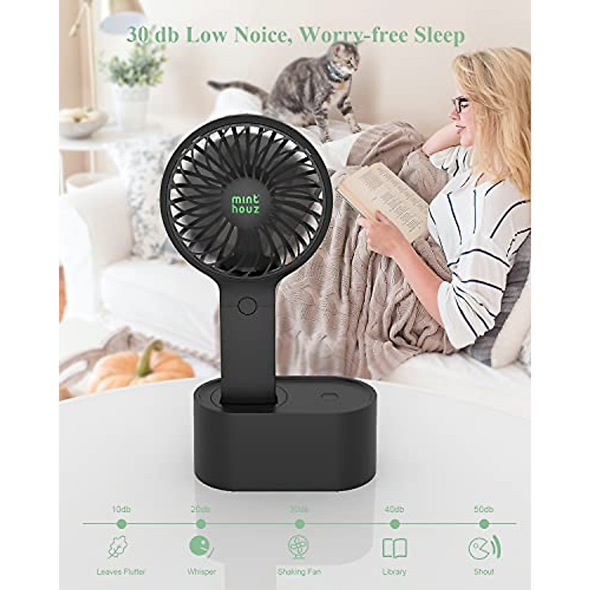Minthouz Handheld Fan, 90° Automatic Head Shaking Personal Fan with Rotating Base, 3 Speed Adjustable Portable Fan Rechargeable Desk Fan with 2000mAh Built-in Battery, Mini Fan for Office/Home/Outdoor