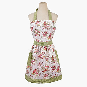 Surblue Kitchen Aprons for Women with 2 Pockets, Organic Cotton, Extra-Long Tie, Heavy Duty Bib Aprons for Cooking, Baking, BBQ, Gardening, Style Diana, Floral Green, Adult