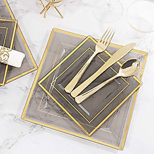 WELLIFE 150 PCS Clear Black Plastic Plates, Disposable Silverware and Cups, Gold Square Plastic Dinnerware, 25 Dinner Plates, 25 Dessert Plates, 25 Cups, 75 Gold Cutlery for Party and Weddings