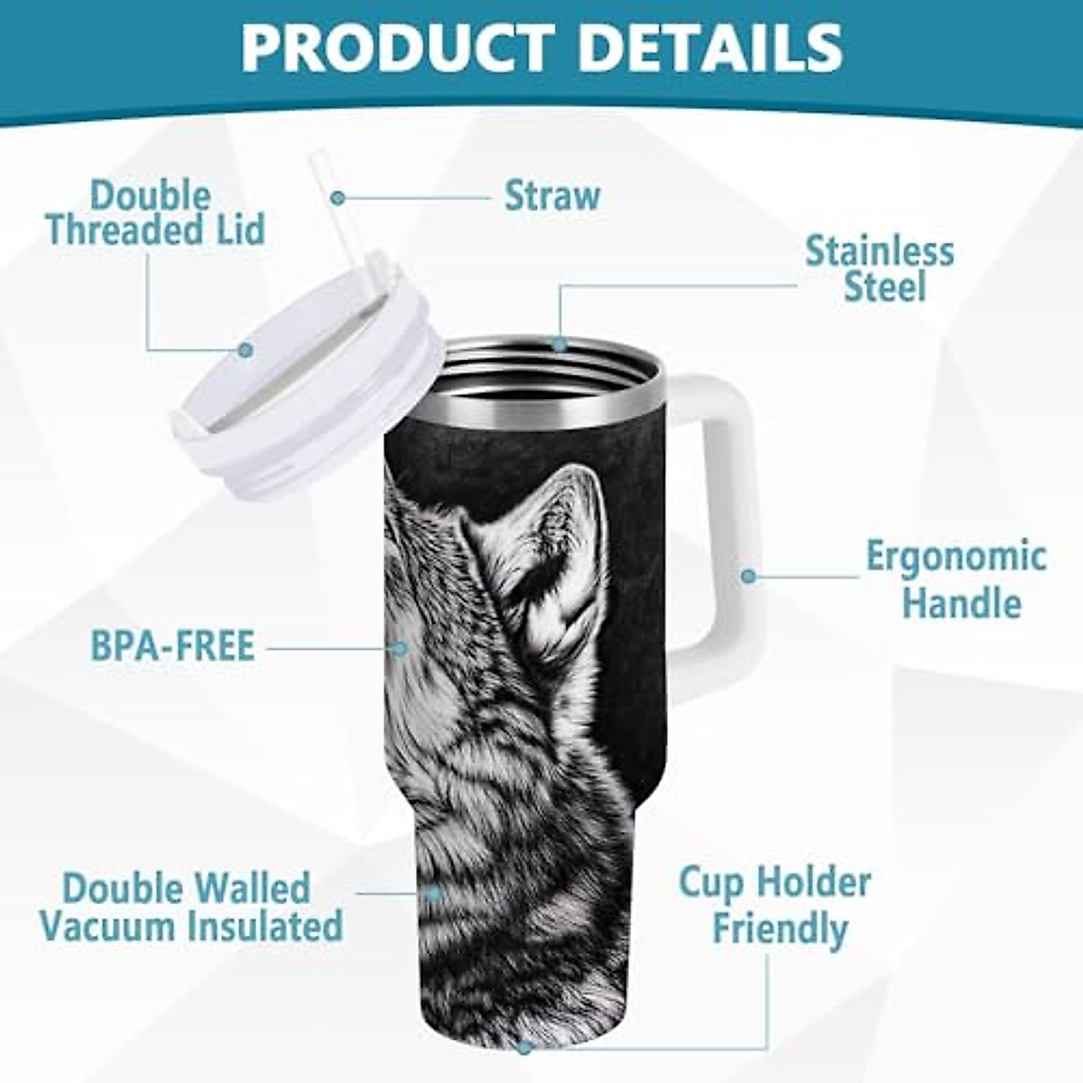 ODAWA 40oz Travel Insulated Tumblers with Handle and Straw, Black White Wolf Double Wall Insulated Tumbler