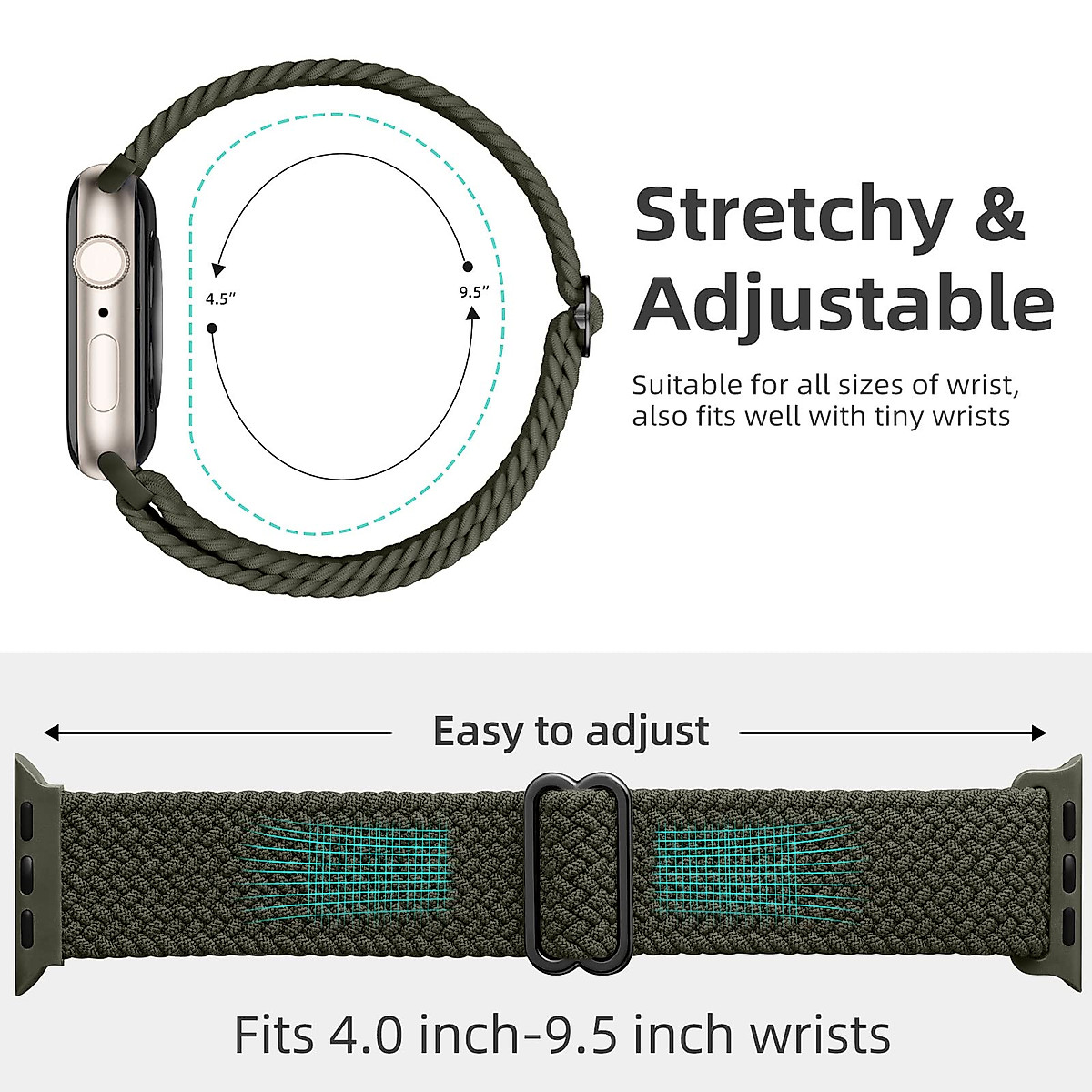DaQin 4 Pack Braided Solo Loop Bands Compatible with Apple Watch Band 38mm 40mm 41mm Women Men, Adjustable Stretchy Nylon Bands Elastic Sport Wristbands for iWatch Series 10 9 8 7 6 5 4 3 2 1 SE Ultra