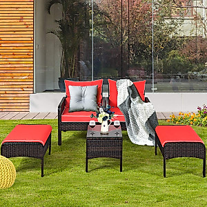 Tangkula Wicker Furniture Set 5 Pieces PE Wicker Rattan Outdoor All Weather Cushioned Sofas and Ottoman Set Lawn Pool Balcony Conversation Set Chat Set