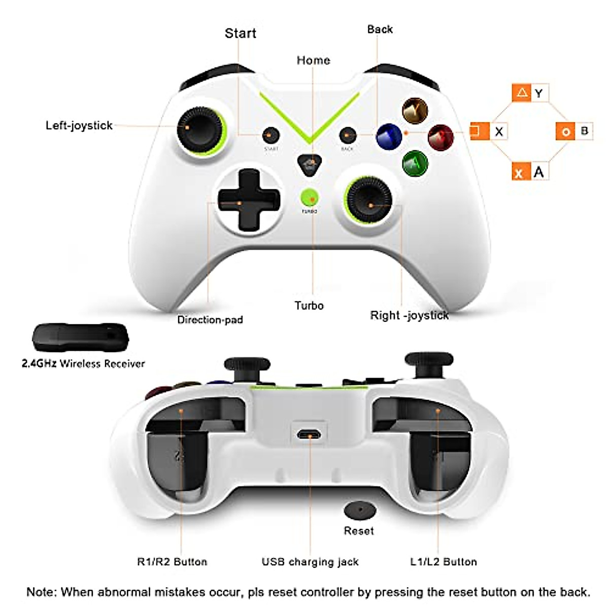 Gina Joyfurno Wireless Controller Compatible with Xbox One, Xbox Series S/X/360/PC/PS3/Windows 7/8/10/11, Built-in Dual Vibration with 2.4GHz Connection, USB Charging, LED Backlight (Green)