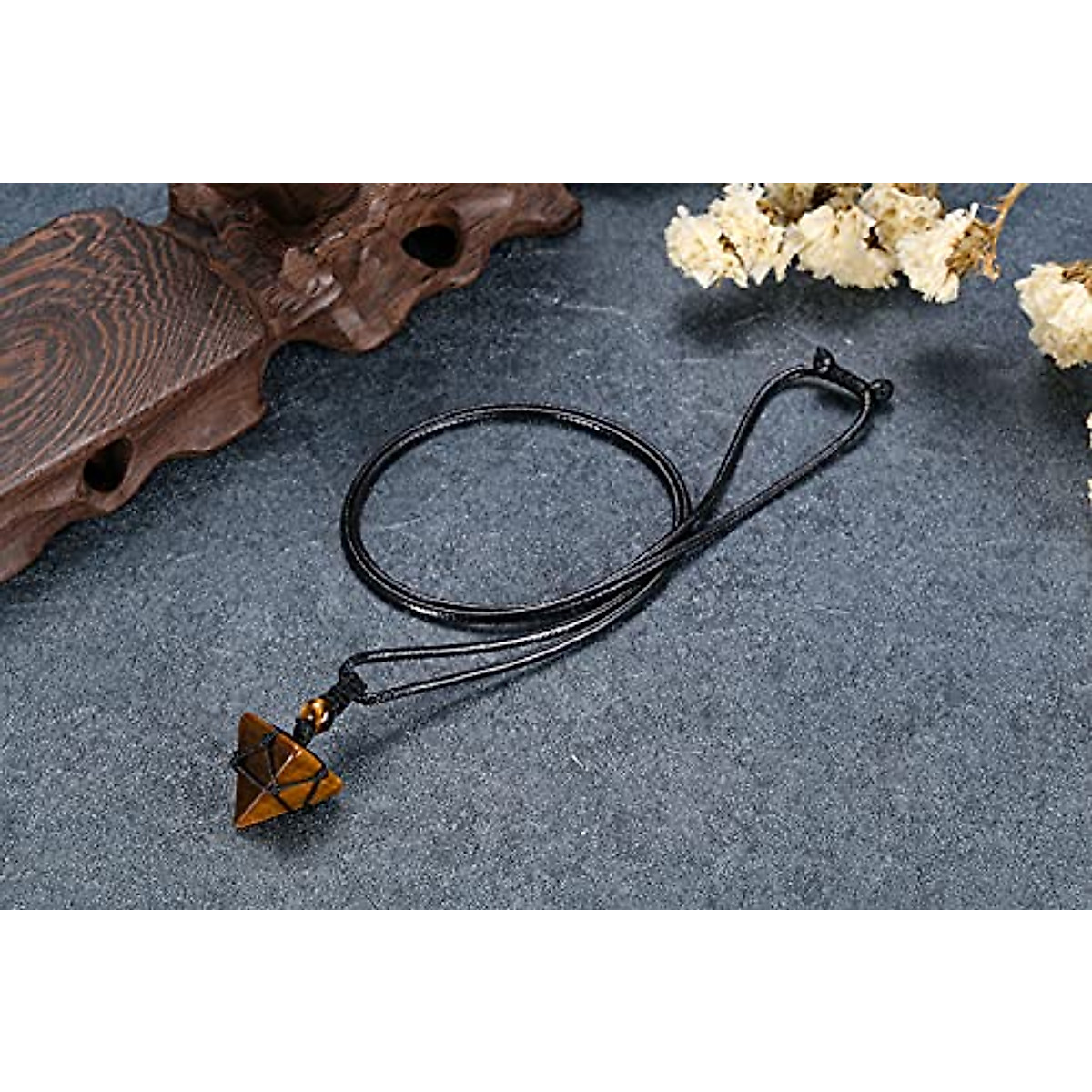 Top Plaza Tiger Eye Stone Healing Crystals Necklace for Men Boys Pyramid Stone Necklace Adjustable Rope Natural Gemstone Pendant Necklace Spiritual Protection Energy Men Jewelry Gifts