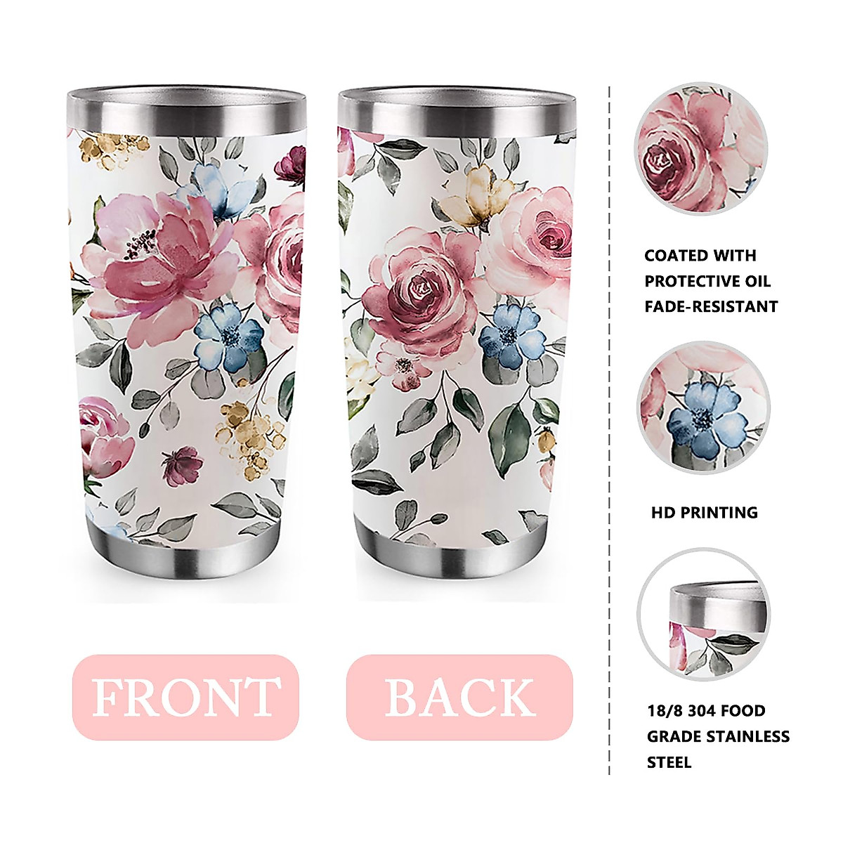 Zzkol Floral Flowers Tumbler with Lid and Straw, Rose Peony Stainless Steel Travel Coffee Cup, Birthday Mug Gifts for Women, 20oz Spring Summer Double Wall Vacuum Insulated Tumbler