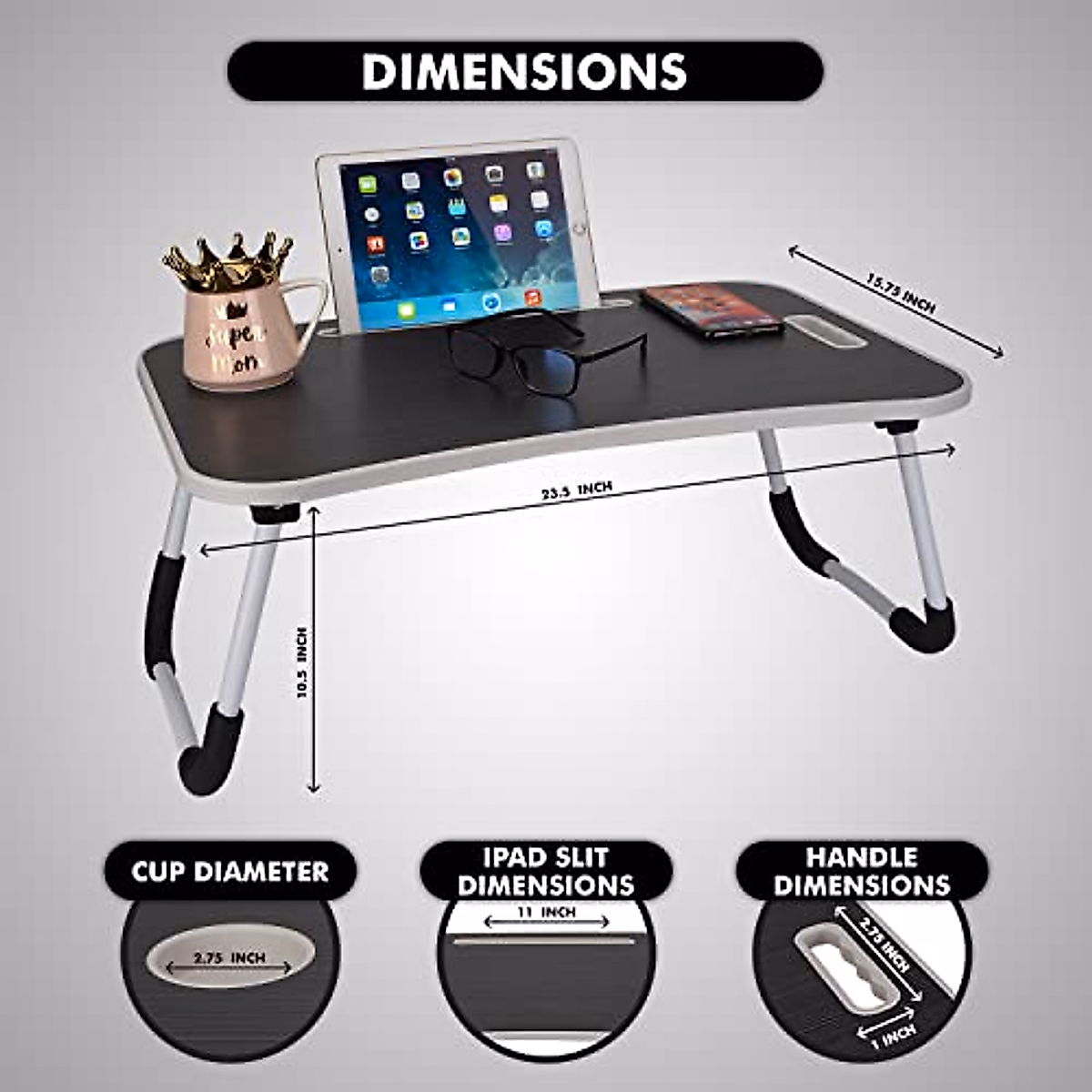 Folding Lap Desk for Bed and Sofa - Portable Wide Surface Bed Desk with Built-in Cup Holder and Tablet or Phone Slot for Working, Studying, Eating, and Watching Movies (Dark Grey)