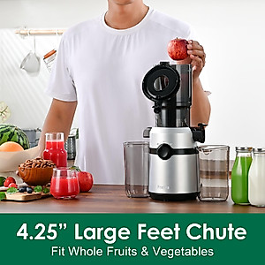 Cold Press Juicer Machines,Fretta Slow Masticating Juicer Machines with 4.25" Large Feed Chute,Fit Whole Fruits & Vegetables Easy Clean Self Feeding,High Juice Yield,BPA Free (Silver)