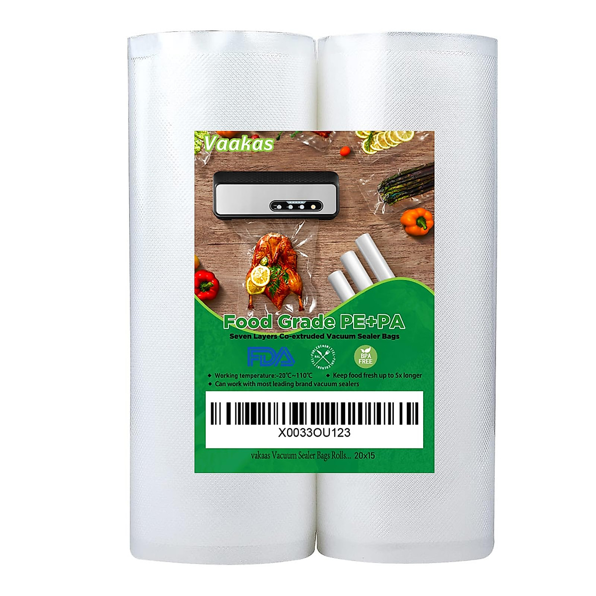 Vaakas Vacuum Sealer Bags Rolls 8" x 50' 2 Rolls For Food Saver,Seal a Meal, Weston. Commercial Grade, BPA Free,Great for vac storage Bags, Meal Prep with sous vide