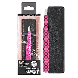 JAPONESQUE Soft Touch Slant Tweezer with Precision Crafted, Hand Sharpened Tips for Shaping and Defining Brows, Includes Protective Storage Pouch