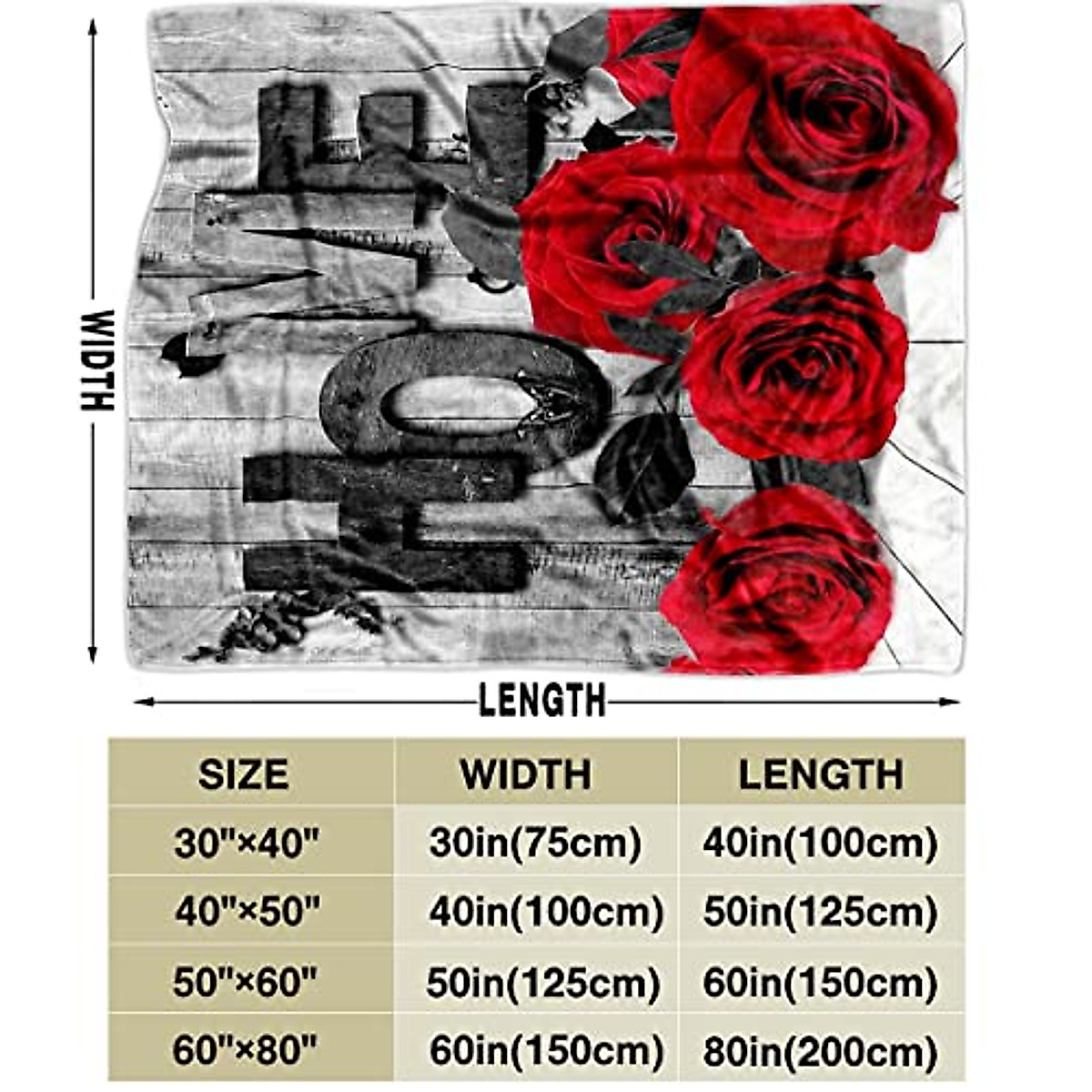 LUVIVIHOME Red Rose Blanket, Rustic Farmhouse Romantic Flower Floral Throw Blanket, Grey Blanket, Cozy Soft Fuzzy Warm Flannel Fleece Blanket for Couch, Sofa, Valentine's Day Gifts for Women, 30"x40"