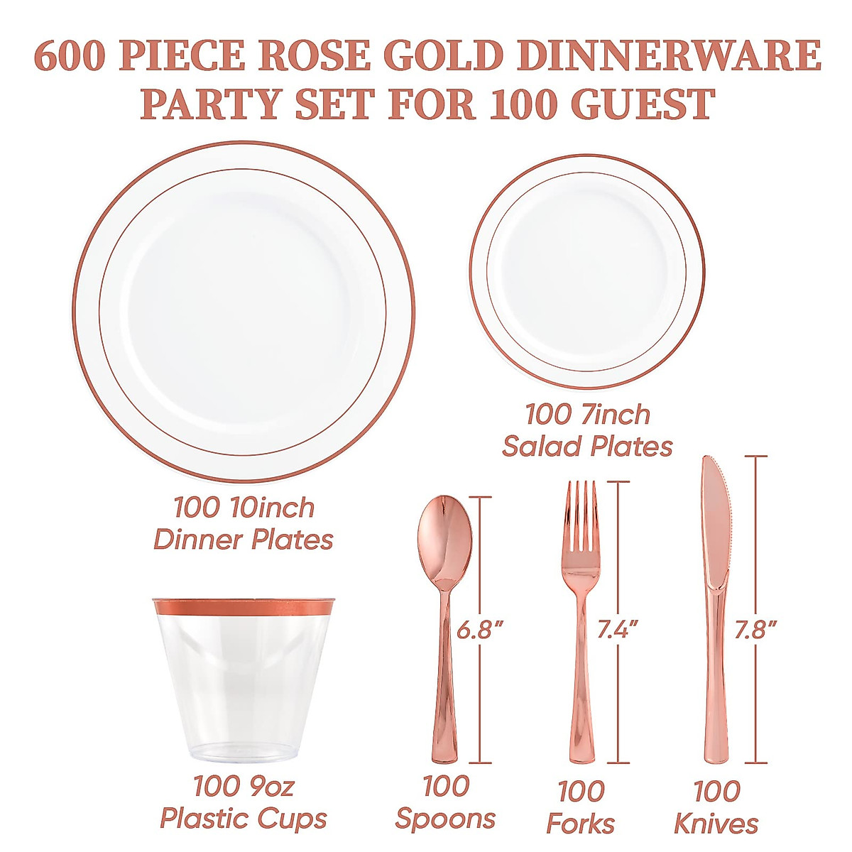 FOCUSLINE 600pcs Rose Gold Dinnerware Set for 100 Guests, Rose Gold Rim Plastic Plates Disposable, 100 Dinner Plates, 100 Salad Plates,100 Cups,100 Silverware Set for Wedding Parties