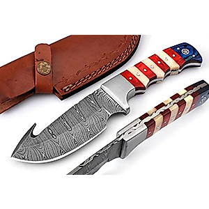 zZZ Damascus Gut Hook Skinning hunting Knife With Leather Sheath- Best Damascus Steel American Flag Hunting Knife