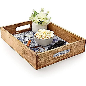 Farmlyn Creek Wood Serving Tray with Blue Flowers for Ottoman, Vanity, or Countertop (16 x 12 In)