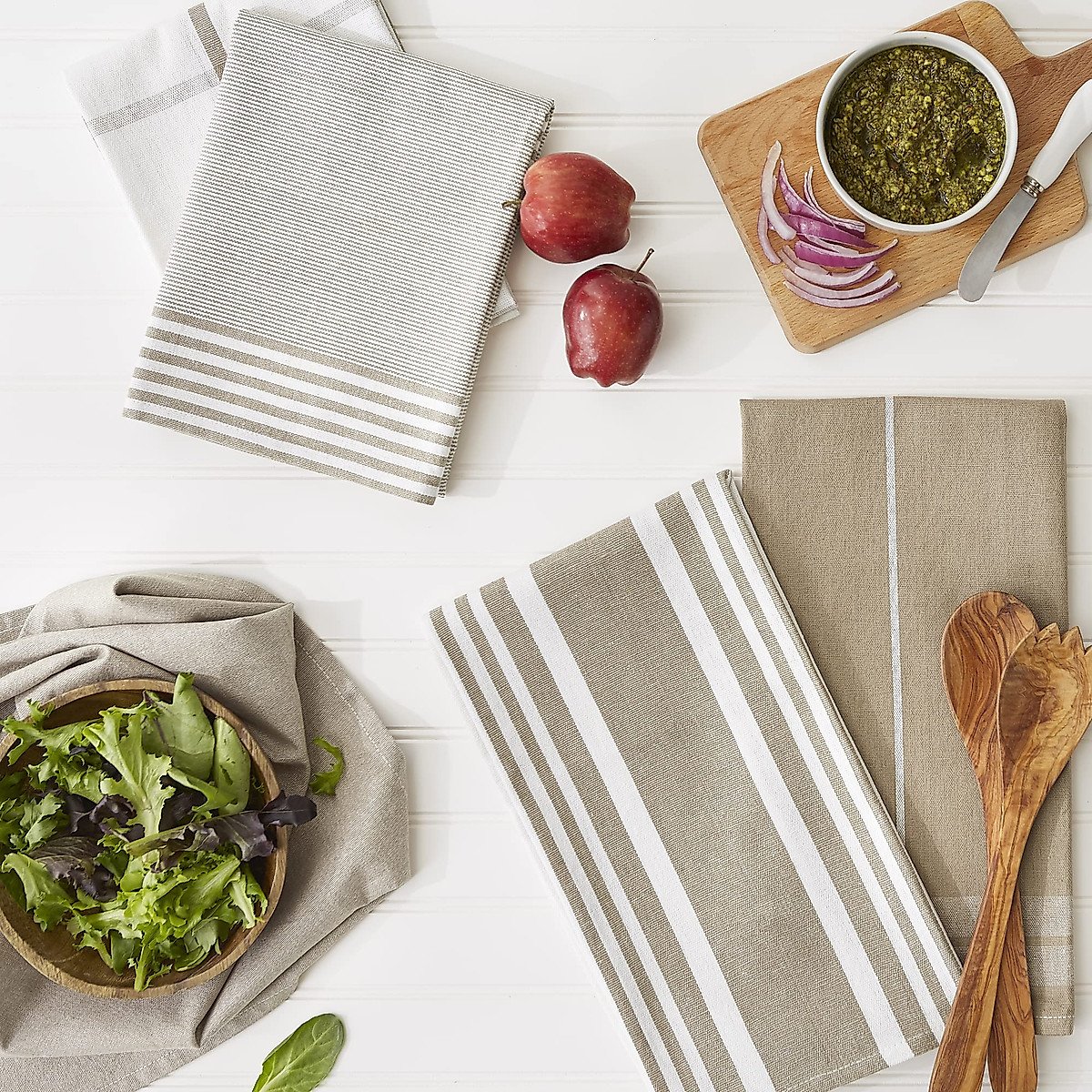 DII Assorted Woven Dishtowel Collection Classic Oversized, 20x28, Stone, 5 Piece