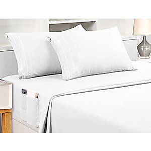 Utopia Bedding Queen Sheet Set – Soft Microfiber 4 Piece Luxury Bed Sheets with Deep Pockets - Embroidered Pillow Cases - Side Storage Pocket Fitted Sheet - Flat Sheet (White)