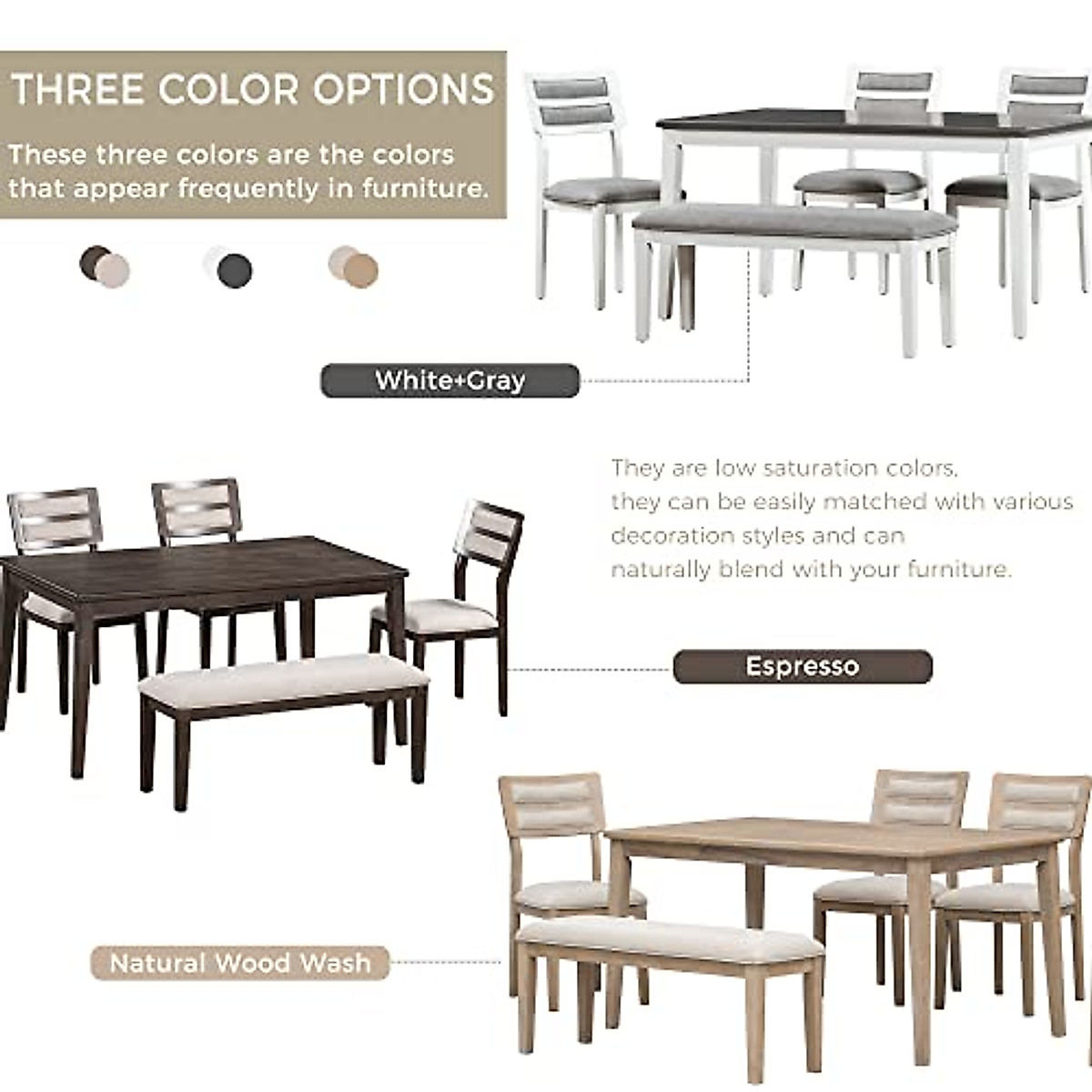 Goozio 6 Piece Dining Table Set,Wood Dining Table and 4 Upholstered Chairs and Bench with Cushion, Classic Traditional Style Kitchen Table Set for 6 Person,White+Gray