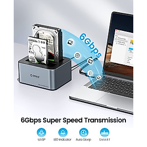 ORICO Hard Drive Docking Station, Aluminum Dual Bay USB C to SATA 3.0 6 Gbps HDD Docking Stations with UASP for 2.5 or 3.5 Inch HDD with 12V 3A Power Supply, 36TB Support, Gray (6626C3)