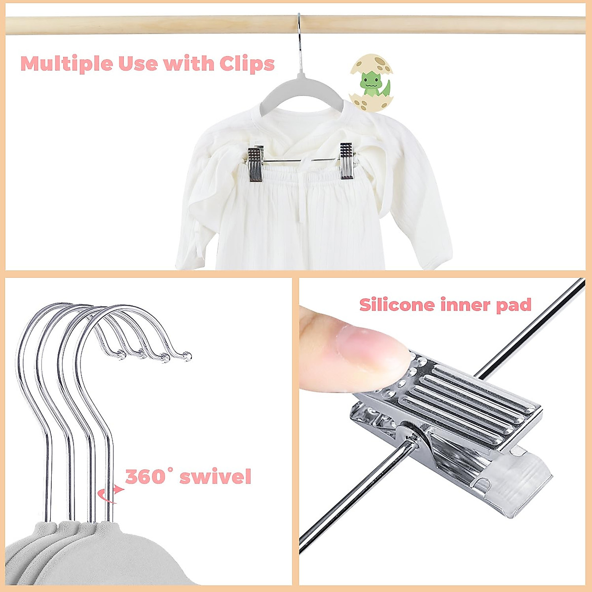 MangoKit Baby Clothes Hangers with Movable Clips 10 Pack,11.8 Inch Kids Velvet Hangers Non-Slip, Swivel Hook,Space-Saving Children's Coat Hangers for Skirts,Pants,Dresses,Jackets(Grey)