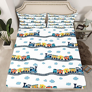 Erosebridal Kids Train Bed Sheets for Boys Girls Cartoon Car Twin Size Sheet Sets Steam Engine Sheets Railway Vehicles Sheet & Pillowcase Sets Transportation Truck Fitted Sheet with 1 Pillow Sham