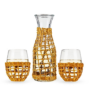 Twine Island Wine Glasses with Carafe, Stemless Glassware with Seagrass Wrap for Night Stand, Dishwasher Safe, 16 Oz, 37.5 Oz, Set of 3, Set of 1, Beige