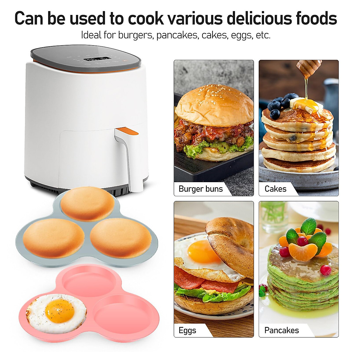 Mobestech 2Pcs Silicone Egg Molds Air Fryer for Egg Bites, Silicone Muffin Pans Chocolate Molds Muffin Tops, Breakfast Sandwiches, Hamburger Buns, Air Fryer Accessories (Blue+Pink)