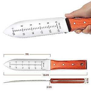 HAUSHOF Hori Hori Garden Knife 7”Stainless Steel Serrated Blade with Cutting Edge, Gardening Tool with Leather Sheath for Weeding, Planting, Digging, Wood Handle with Hanging Hole