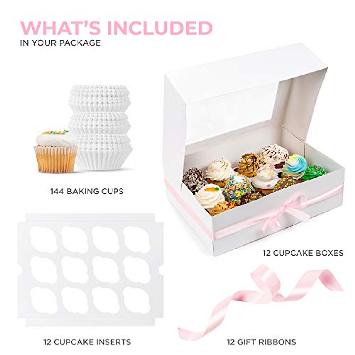 SMIRLY White Cupcake Boxes 12 Count: Disposable Cupcake Containers 12 Count, Cupcake Holder with Lid, Cupcake Carrier, Bakery Boxes with Window, Pastry Boxes Cookie Boxes with Window Large Treat Boxes
