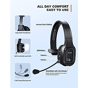 TECKNET Trucker Bluetooth Headset with Microphone Noise Canceling Wireless On Ear Headphones, Hands Free Wireless Headset for Cell Phone Computer Office Home Call Center Skype (Black)