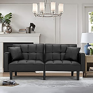 AVAWING Futon Sofa Bed, Modern Leather Convertible Sofa Bed Upholstered Sleeper Sofa Couch Bed with Adjustable Back, Arms and High Strength Nylon Legs for Living Room, Apartment, Office（Black）