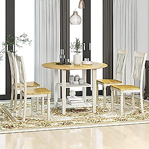 Merax 5-Piece Farmhouse Wooden Round Dining Table Set with Drop Leaf, 2-Tier Storage Shelves and 4 Cross Back Chairs, Distressed White+Natural