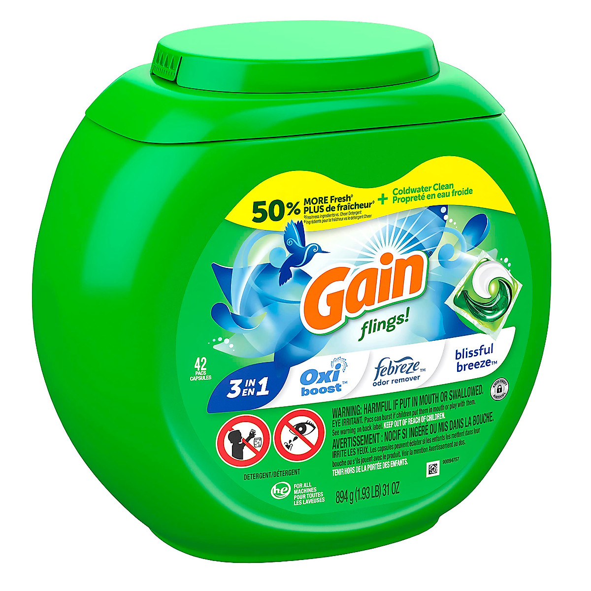 Gain flings Laundry Detergent Soap Pacs, HE Compatible, 42 Count, Long Lasting Scent, Blissful Breeze Scent (Pack of 2)