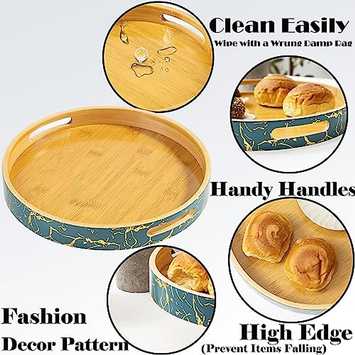 Santentre Bamboo Serving Tray with Handles,Round Decorative Tray,Trays for Coffee Table,Kitchen Table,Serving Food,Eating,Party,Circle Tray for Home Decor,Tea Serving Tray for Breakfast in Bed