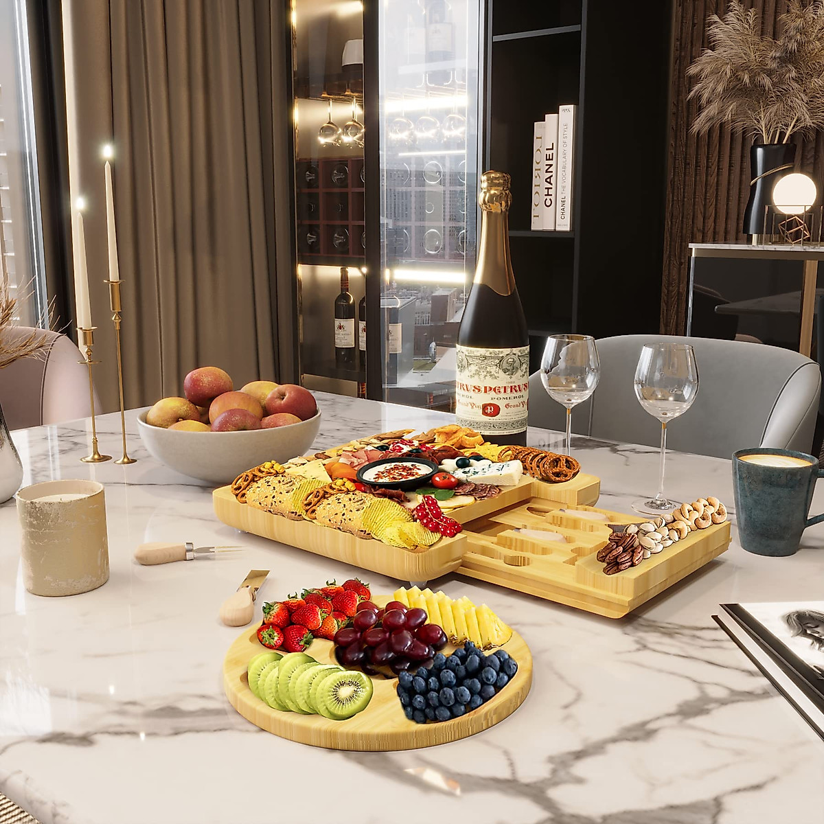 C&AHOME Cheese Board Set, Cheese Board Set and Knife Set, Bamboo Cheese Tray Platter, Cheese Platter Unique House Warming Gifts, Ideal for Birthday, Housewarming, Wedding Gifts, Natural UCBSBKFN