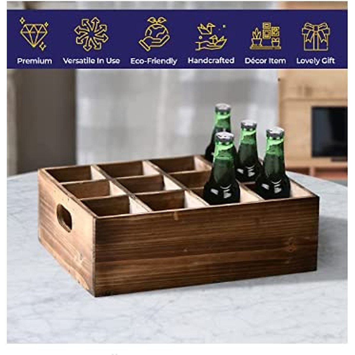 DFW Consumables - Farmhouse Wooden Crates for Display, 13" x 10" Wooden Bottle Caddy with 12 Individual Slots, Decorative Boxes with Carrying Handles