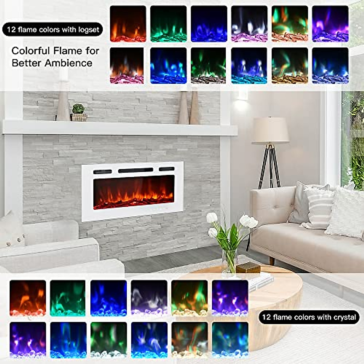 Maxhonor Electric Fireplace Insert Wall Mounted Freestanding Heater with Remote Control, 1500/750W (30 inch, White)