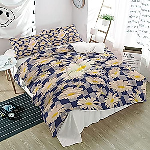 3 Pieces Duvet Cover California King Bedding Sets Blossoming Daisy Flower on Grid Luxury Soft Comforter Cover with Pillowcases Purple Lattice and Farm Burlap Microfiber Quilt Covers Set for Bedroom