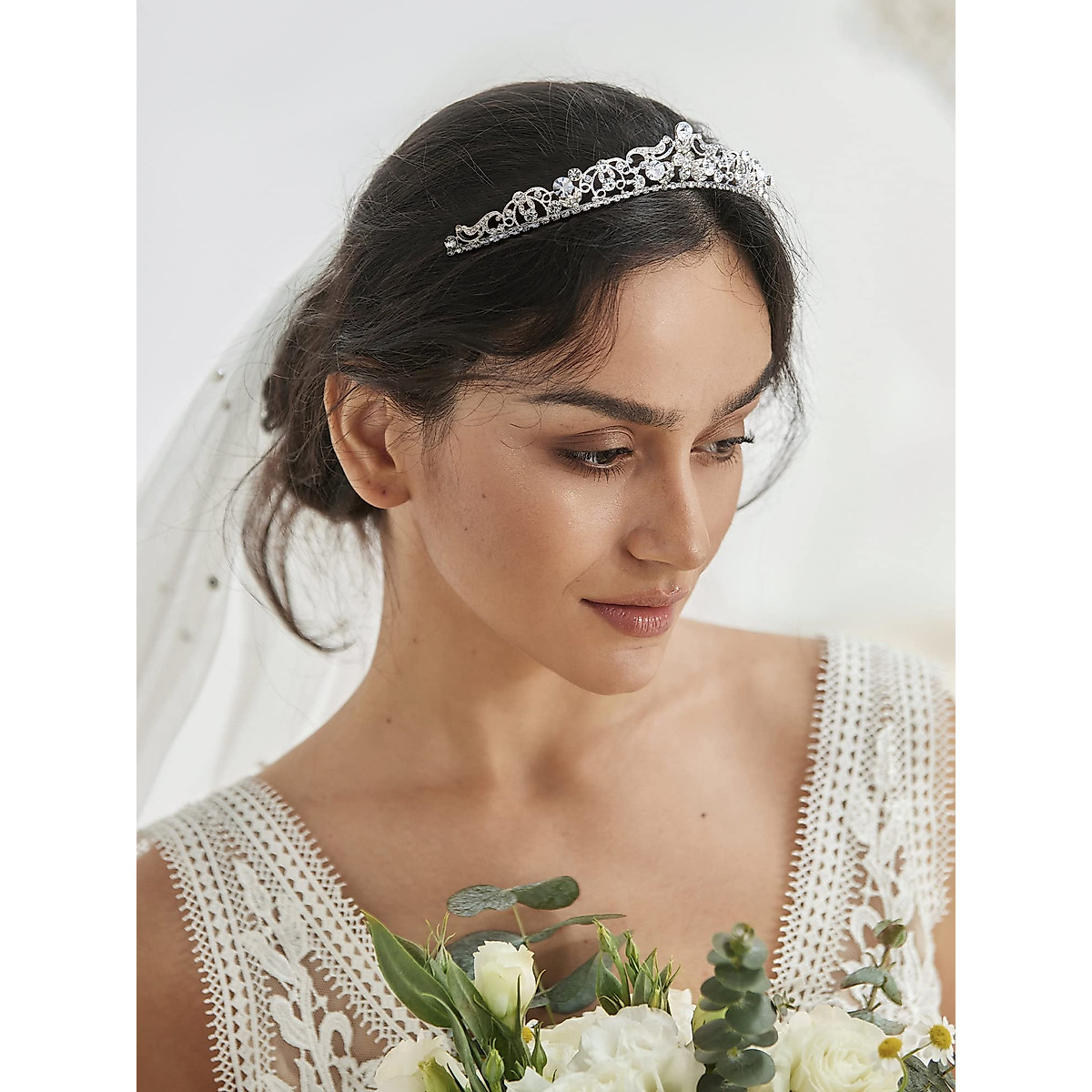 SWEETV Silver Wedding Tiaras and Crowns, Rhinestone Bridal Crown Princess Tiara Headpieces for Women and Flower Girls, Bridgerton Hair Accessories for Birthday Prom Quinceanera