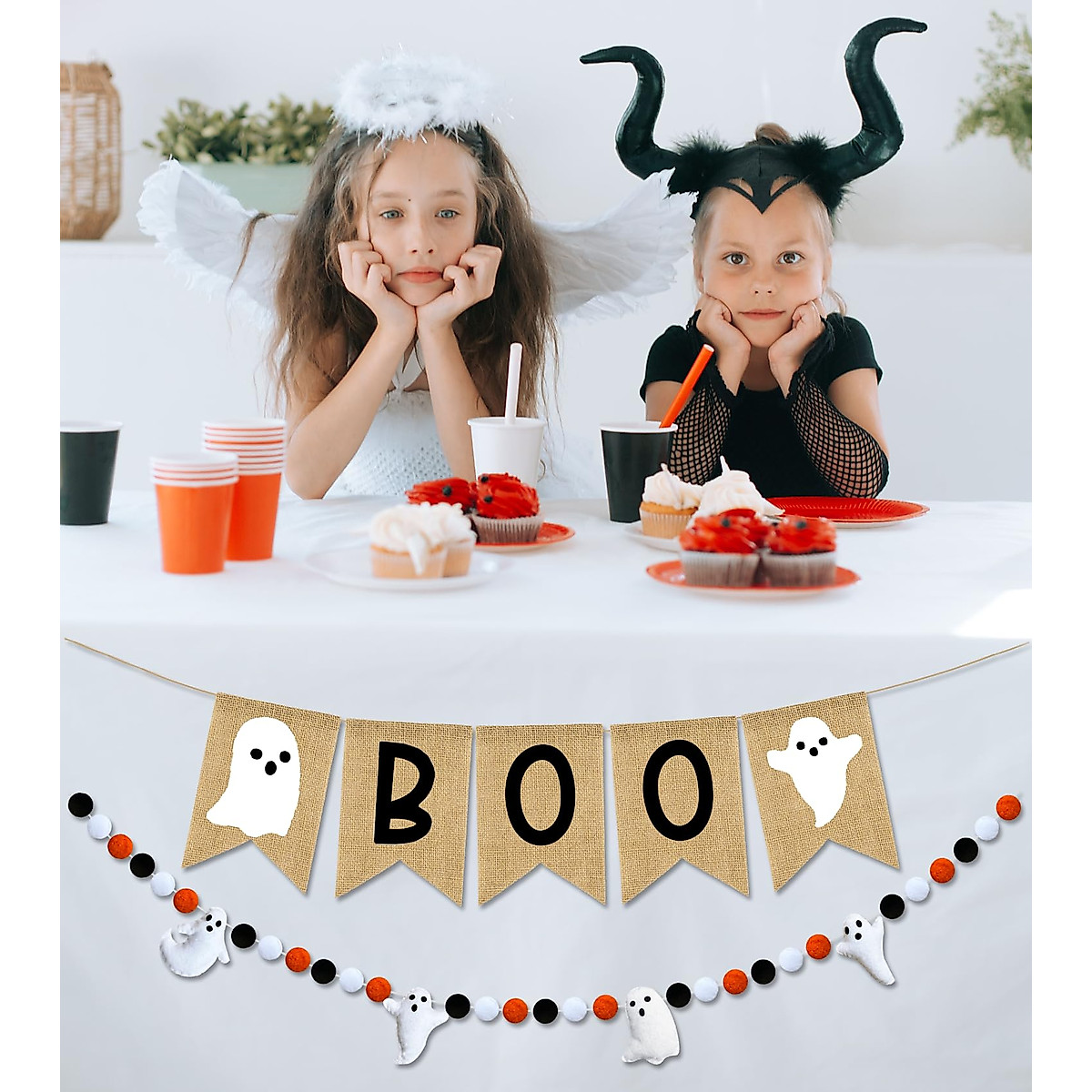 PTFNY Halloween Banner Burlap Boo Banner Ghost Felt Ball Banner Happy Halloween Banner Halloween Decor for Party Halloween Birthday Decorations