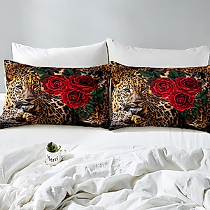Feelyou Leopard Bedding Set for Girls Boys Kids Rose Cheetah Print Comforter Cover Set Room Decorative Leopard Pattern Duvet Cover Safari Yellow Red Bedspread Cover Room Decor Quilt Cover Queen Size