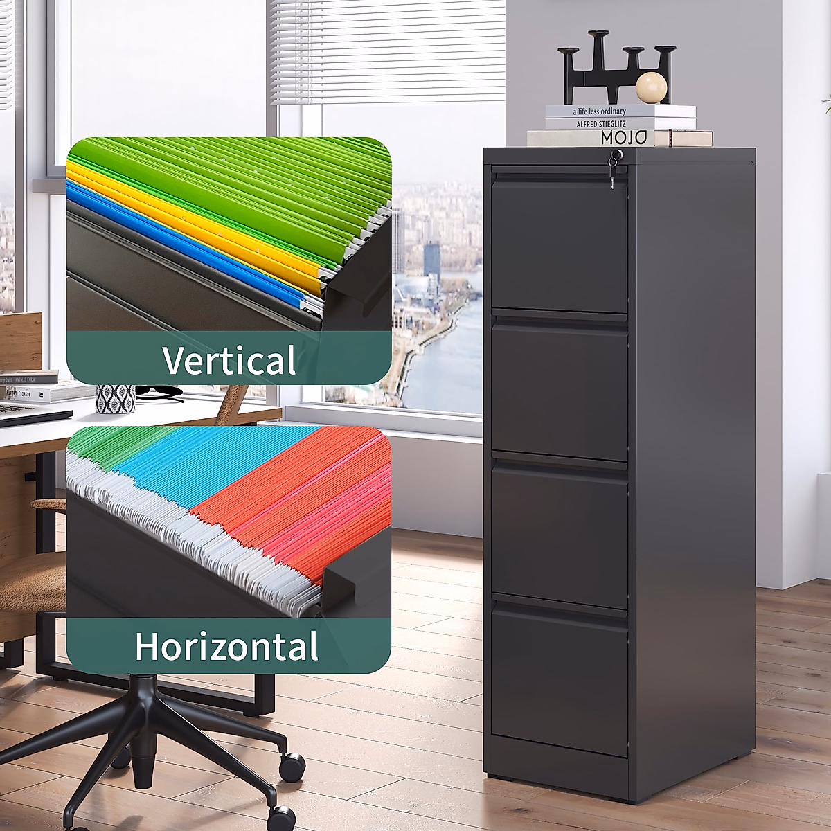 BIZOEIRON 4 Drawer File Cabinet with Lock, Metal Vertical Filing Cabinets for Home Office, Steel Storage Cabinet for Hanging Legal/Letter Size Files, Assembly Required (Black)