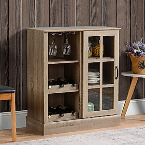 HOMCOM Wine Bar Cabinet, with 6-Bottle Wine Rack and Stemware Racks, Small Sideboard Buffet Cabinet with Sliding Glass Door and Storage Shelves for Kitchen, Brown