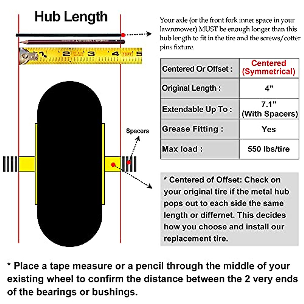 New 13x6.50-6 Flat-Free Heavy Duty Smooth Tire w/Steel Rim for Commercial Lawn Mower Garden Tractor (Deck≤66"), Hub Length 4"-7.1", Bore φ5/8" Grease Oil Infused Bushing, 136506 T161