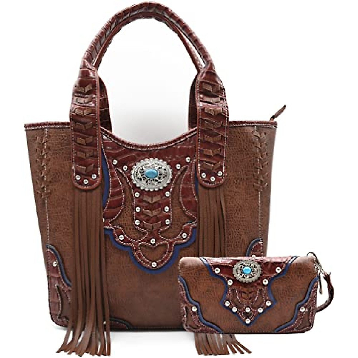 Western Style Cowgirl Fringe Concealed Purse Conchos Totes Country Women Handbag Shoulder Bags Wallet Set (1 Brown Set)