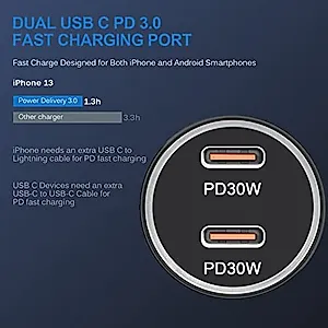 USB C Car Charger, 60W 2-Port PD Super Fast Car Charging Adapter+6FT Type C to C Cable for Samsung Galaxy S23/S23+/S23 Ultra/S22/S22 Ultra/S22+/S21 FE/S20 A54 A14 A53 5G A13 A23 A03S A12 A32 A42 A52