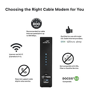 Arris (SBG7600AC2-RB) - Cable Modem Router Combo - Fast DOCSIS 3.0 & AC2350 WiFi,for Comcast Xfinity, Cox, Charter Spectrum & More, Four 1 Gbps Ports, 800 Mbps Max Internet Speeds - Renewed