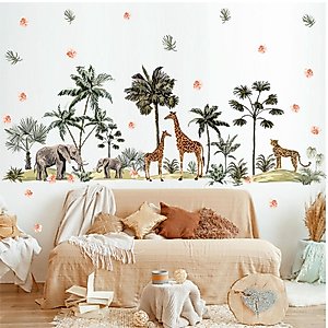 Jungle Animal Wall Decals Safari Animal Wall Stickers Peel and Stick Wild Animal Wall Decals Large Jungle Tree Animal Wall Stickers for Kids Bedroom Woodland Nursery Decor