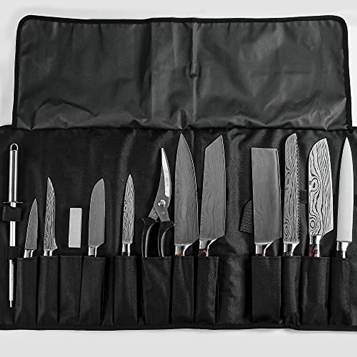 XYJ Professional Chef Knife Set Stainless Steel Kitchen Scissors Sharpener Rod Carry Bag Tools Laser Etched Sharp Blade Cleaver Santoku Knife For Cooking Cutter
