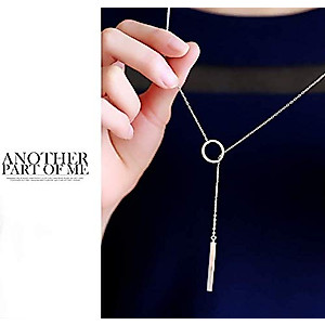 925 Sterling Silver Round Stick Cross Bar Lariat Y Pendant Necklace Long Tassel Sweater Chain for Women Gift (Sterling Silver)