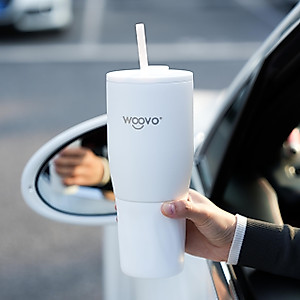 WOOVO 30 oz Tumbler with Lid and Straw - Insulated Double Wall Stainless Steel Water Bottle with SIlicone Boot - BPA Free Dishwasher Safe Tumbler, Reusable 30oz Travel Cup Stay Hot Cold - White