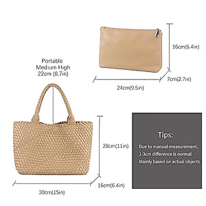 Lmkids Woven Bag for Women, Vegan Leather Tote Bag Large Summer Beach Travel Handbag and Purse Retro Handmade Shoulder Bag (Khaki)